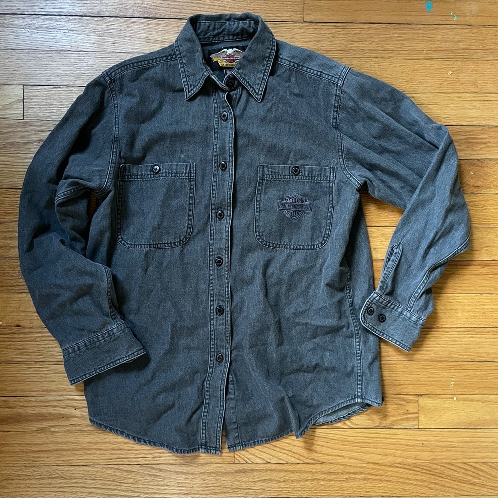 Harley Davidson Gray Denim Button Up Logo Shirt - Gem